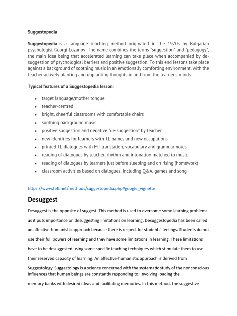 Suggestopedia and Desuggestopedia | PDF | Learning | Teachers