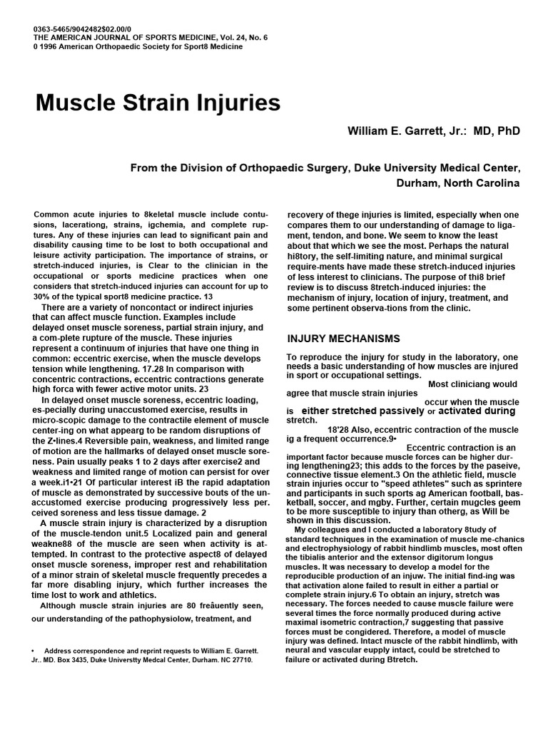 ORIG Garrett1996 Muscle Strain Injuries | PDF | Skeletal Muscle | Tendon