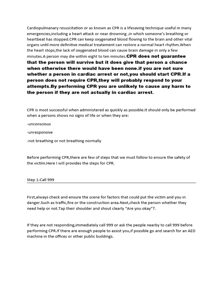 CPR Assignment | PDF | Cardiopulmonary Resuscitation | Cardiac Arrest