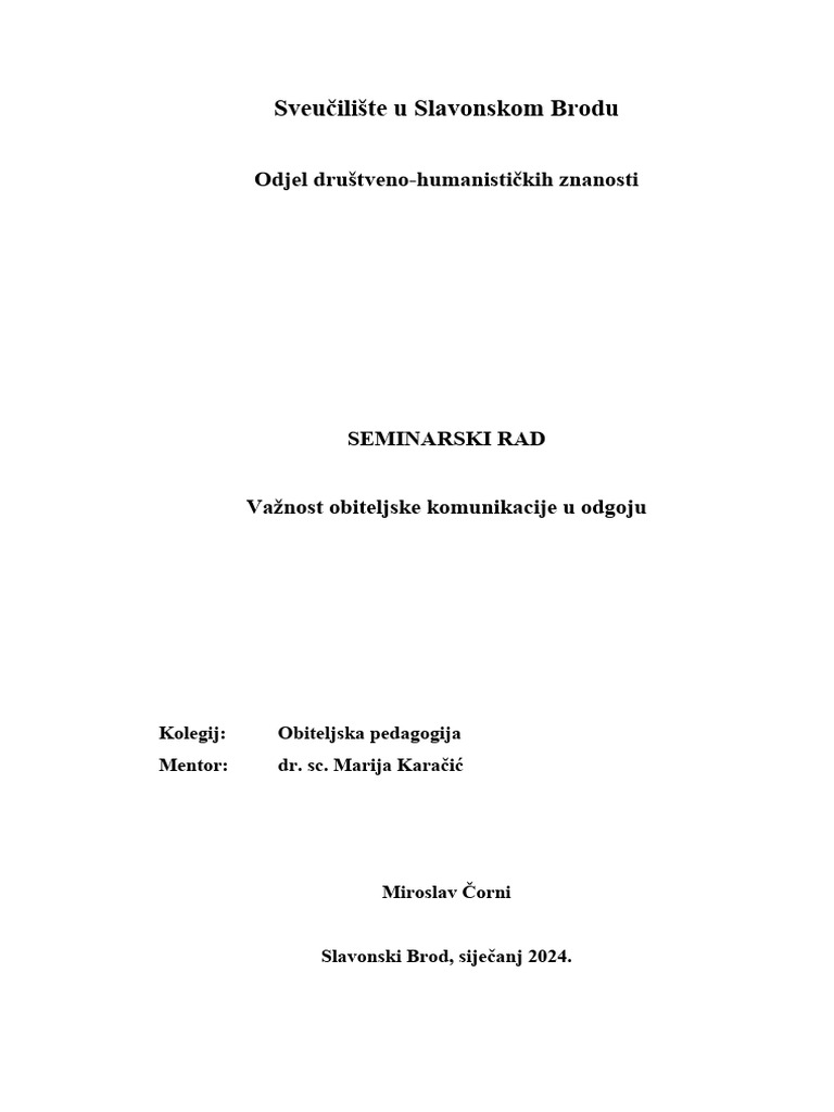 Seminar - Vaznost Obiteljske Komunikacije U Odgoju - Miroslav Corni | PDF