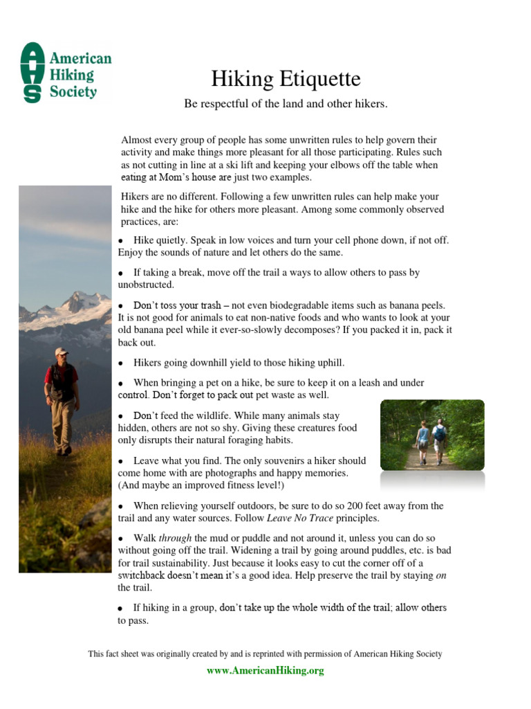 Hiking Etiquette Fact Sheet | PDF | Hiking | Trail