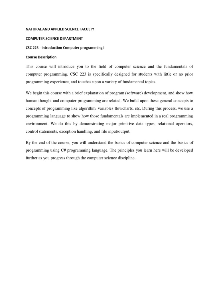 CSC 223-Computer Programming I | PDF | Variable (Computer Science) | Algorithms