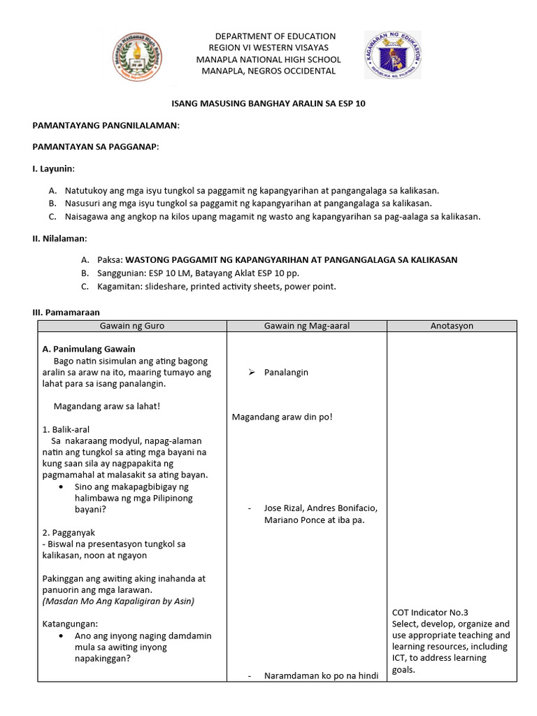 ESP 10 Quarter 4 Lesson Plan | PDF
