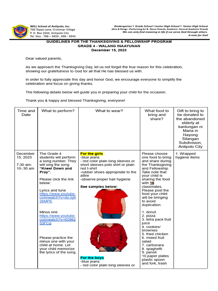 Guidelines For Grade 4 Thanksgiving Program | PDF