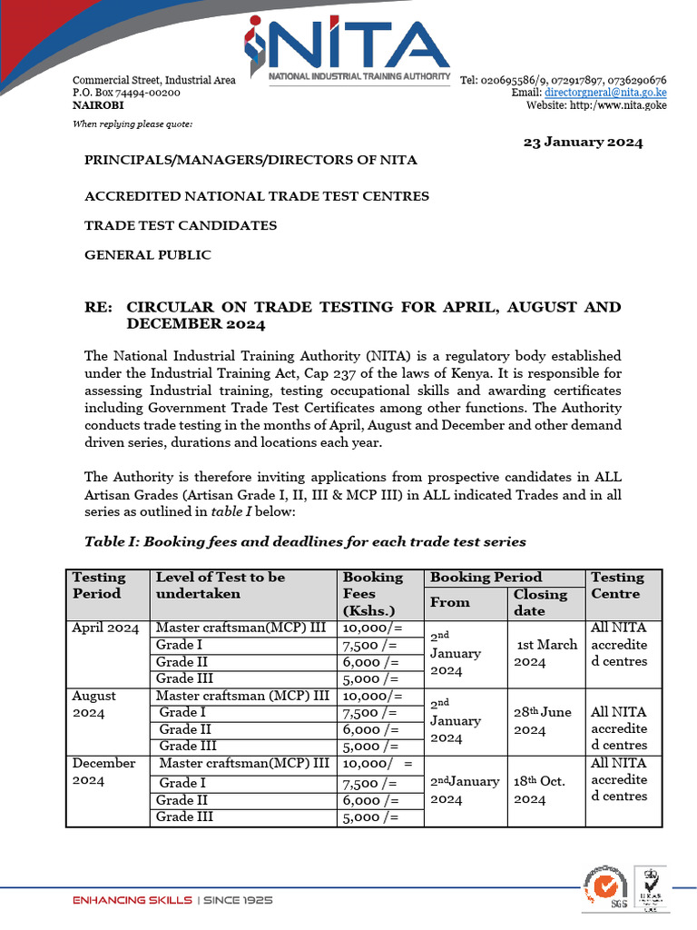 CIRCULAR - 2024 Trade Test Series ........ F | PDF | Machinist ...