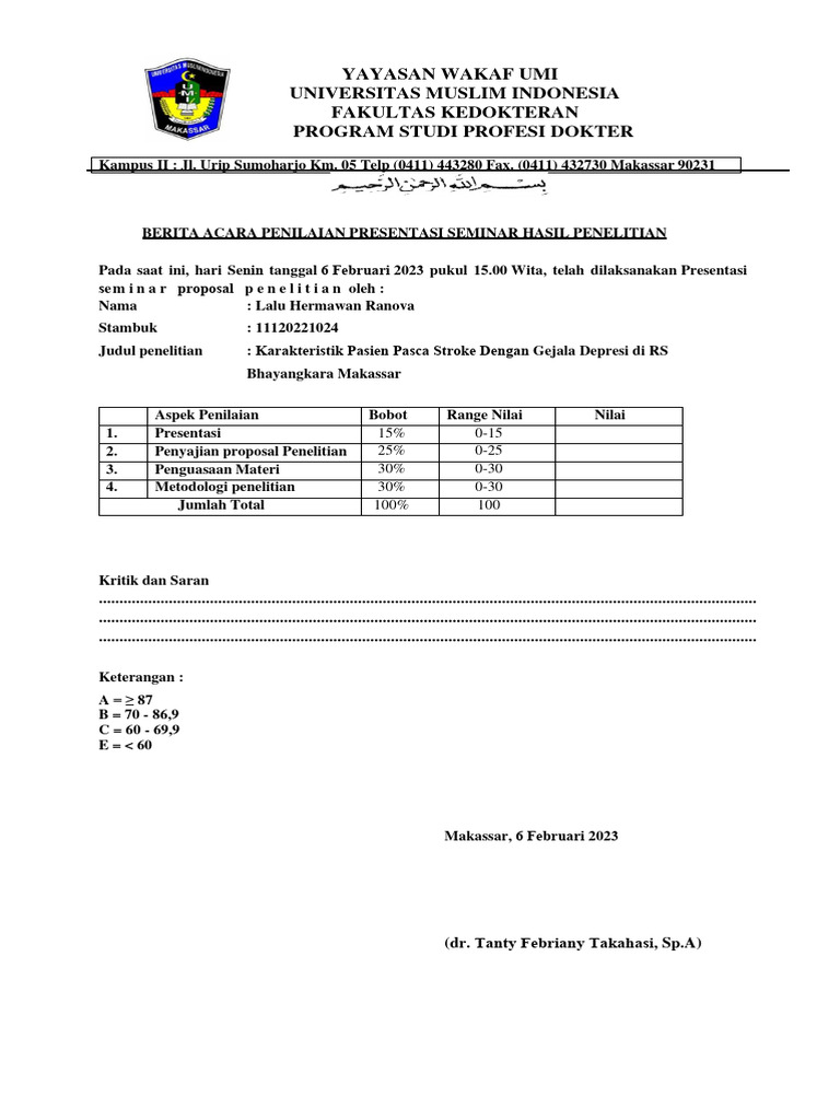 Lembar Penilaian Seminar Proposal Penguji 2 | PDF