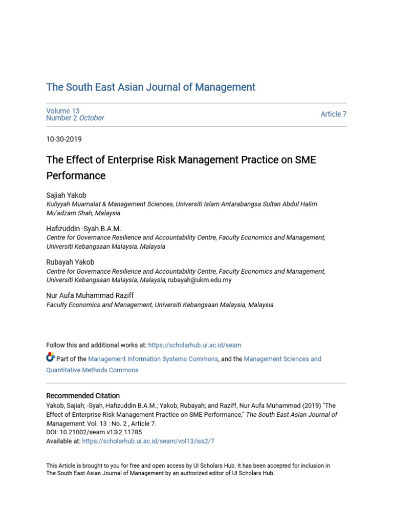 The Effect of Enterprise Risk Management Practice On SME Performa | PDF ...
