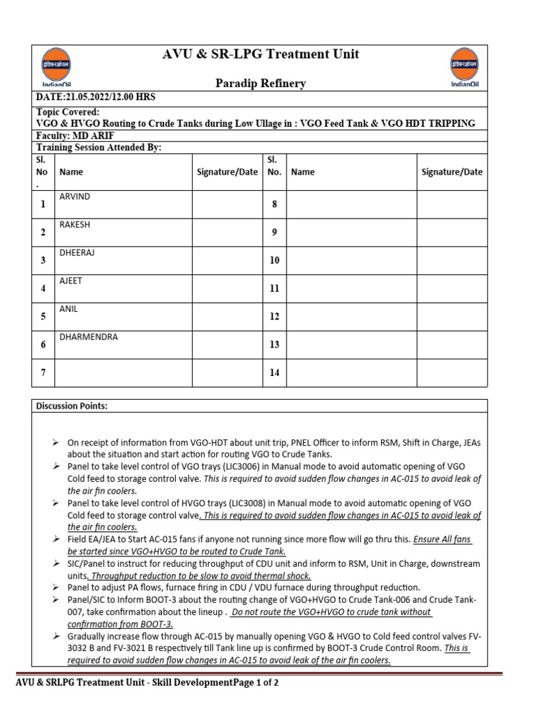 VGO Routing Procedures at Paradip Refinery | PDF | Valve | Gas Technologies