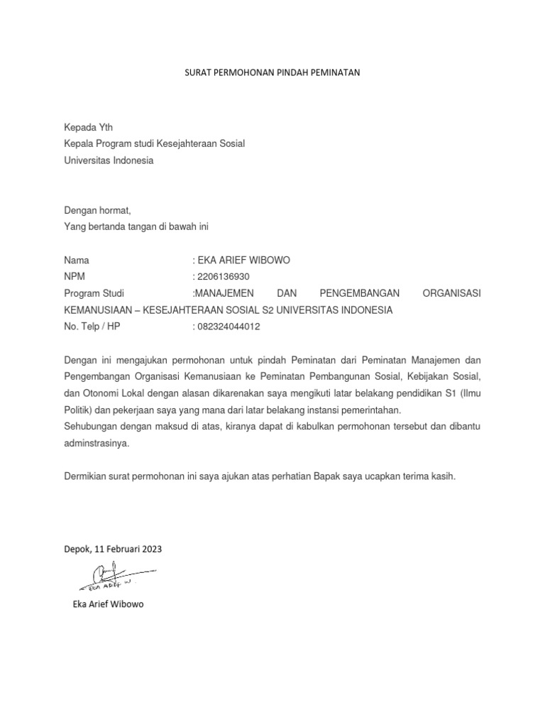 EKA ARIEF WIBOWO - 2206136930 - Surat Permohonan Pindah Peminatan | PDF | Ilmu Sosial ...