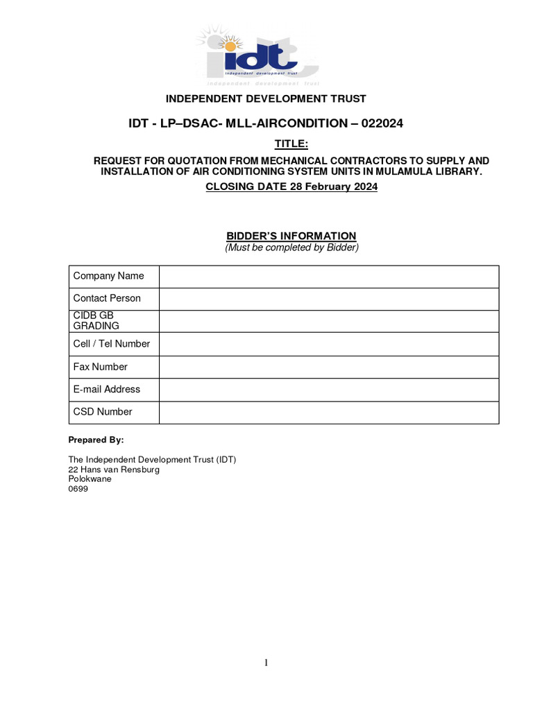 RFQ Idt-Lp-Dsac-Mll-Airconditioning-022024 | PDF | Procurement | Specification (Technical Standard)