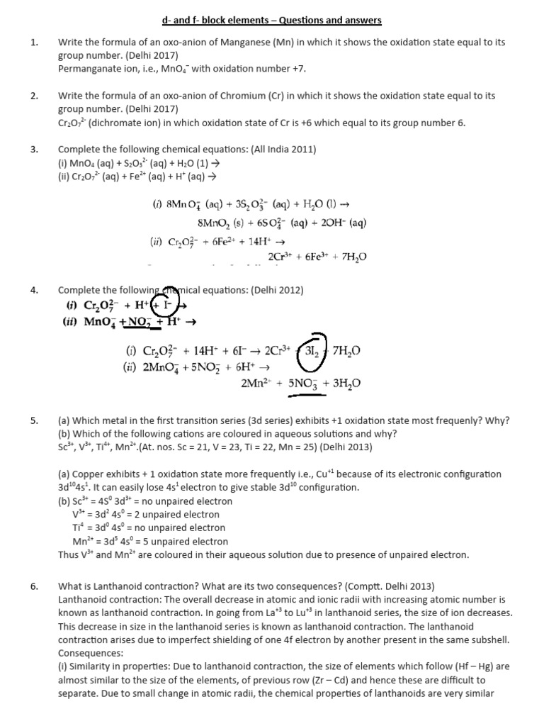 D And F Block Elements Questions And Answers Pdf Lanthanide