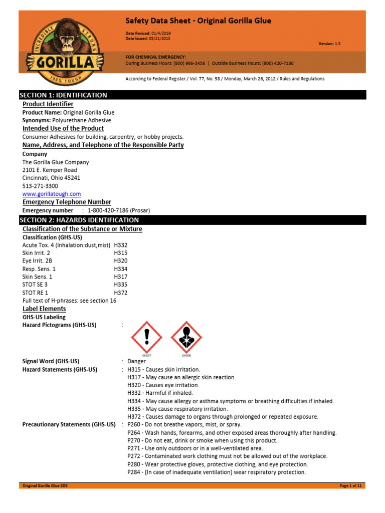 SDS Update Original Gorilla Glue v1.5 | PDF | Toxicity | Allergy