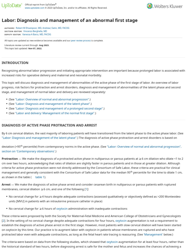 Labor - Diagnosis and Management of An Abnormal First Stage - UpToDate ...