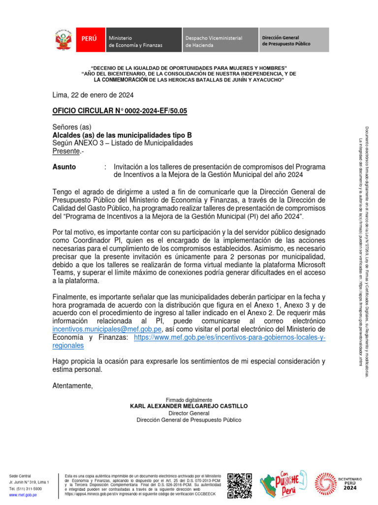 Oficio Circular 0002 2024EF5005 Invitacion Talleres Compromisos PI Tipo B | PDF | Perú | Gobierno