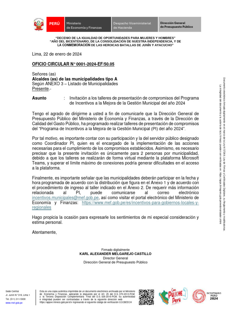 Oficio Circular 0001 2024EF5005 Invitacion Talleres Compromisos PI Tipo A | PDF | Lima | Perú