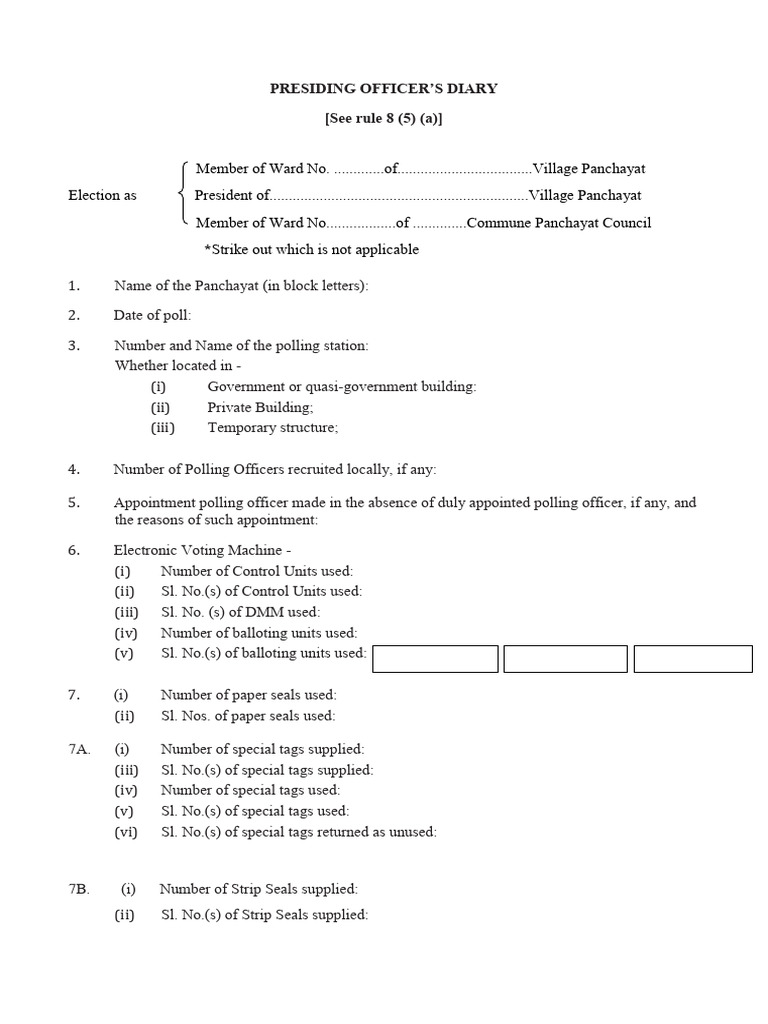 Presiding Officer's Election Diary Template | PDF | Voting | Electoral ...