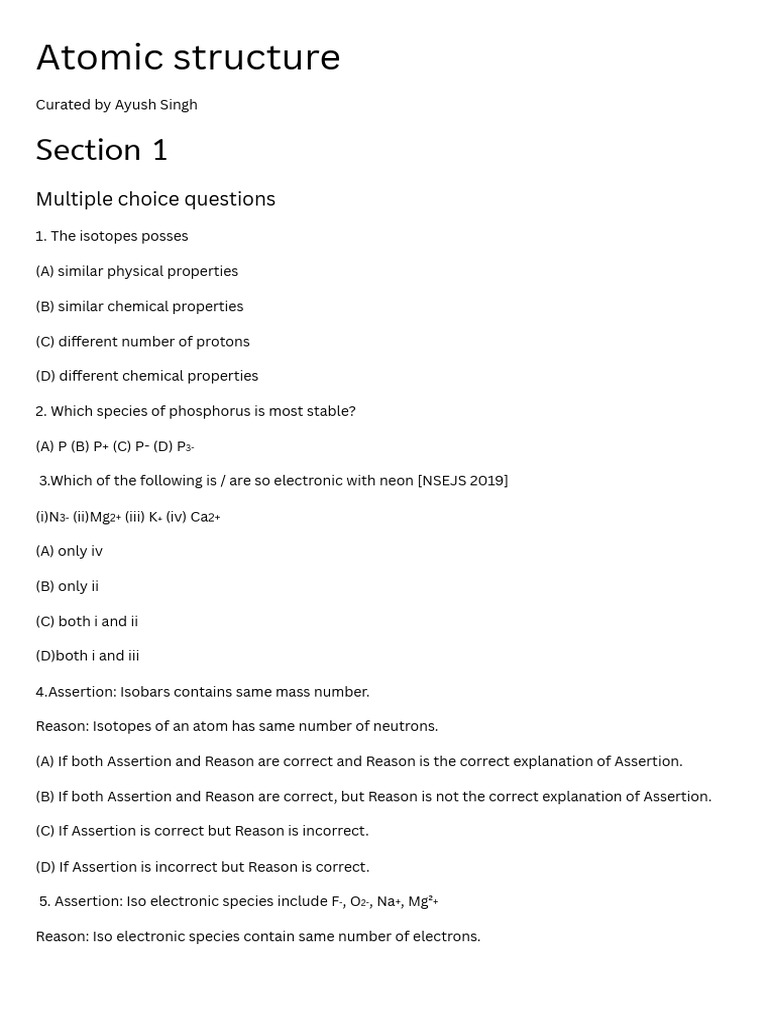 Atomic Structure Quiz and Case Studies | PDF | Atomic Nucleus | Proton