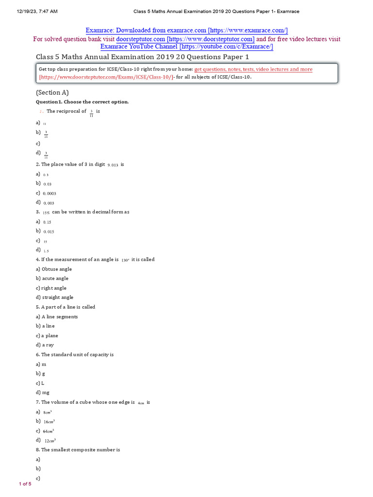 Class 5 ICSE Maths Exam Paper 2019 | PDF