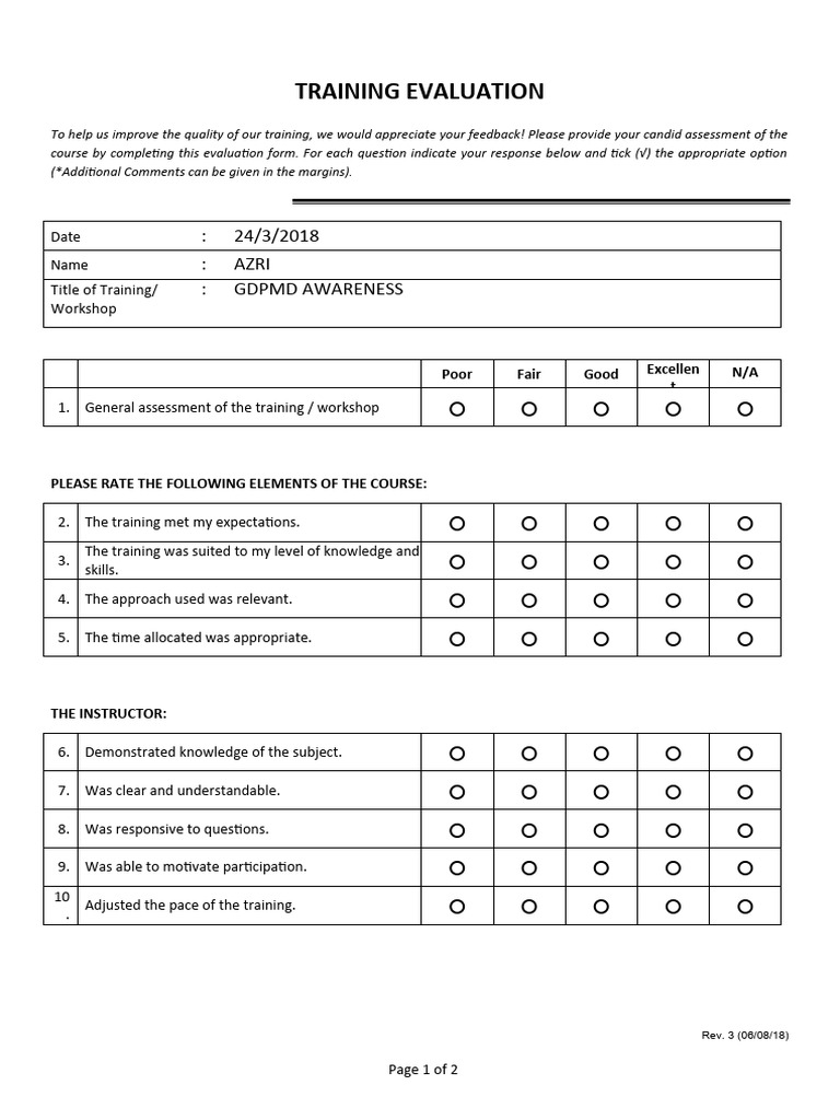 Training Evaluation Form | Download Free PDF | Evaluation | Cognition