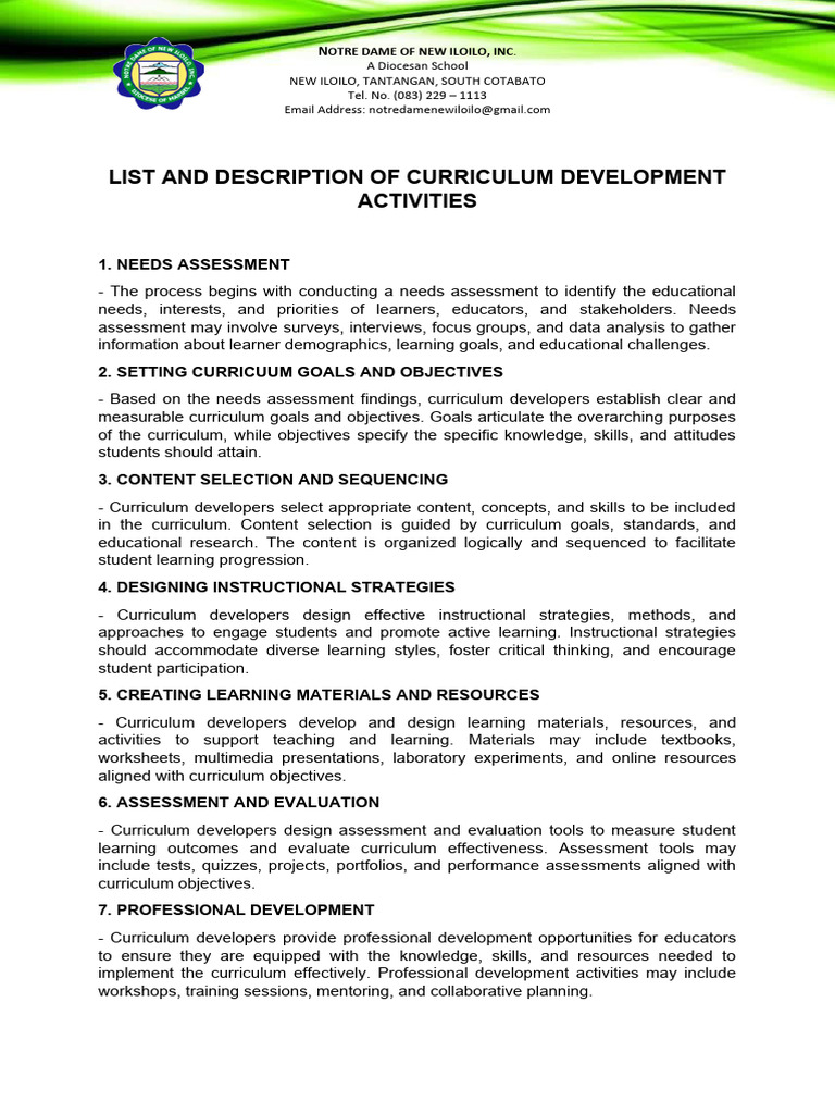 List and Description of Curriculum Development Activities | Download ...
