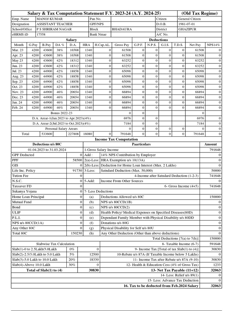 Salary & Tax Statement FY 2023-24 | PDF | Tax Deduction | Income Tax