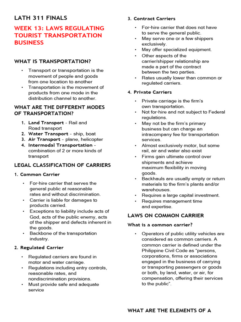 LATH 311: Common Carrier Laws Overview | PDF | Common Carrier | Damages