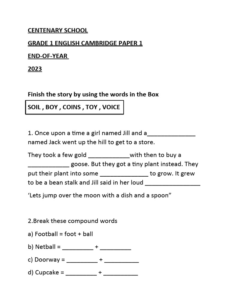 GRADE 1 ENGLISH CAMBRIDGE PAPER 1 2023 | PDF