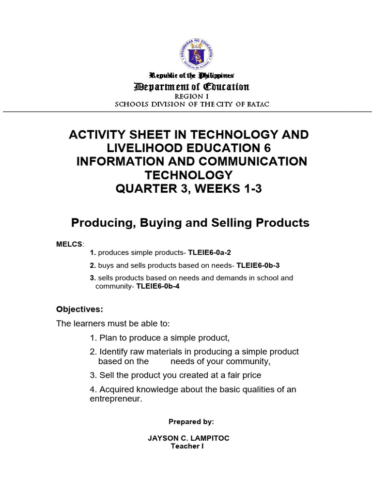 GRADE 6 TLE ICT Activity Sheets - Doc Final | PDF | Sales | Product ...