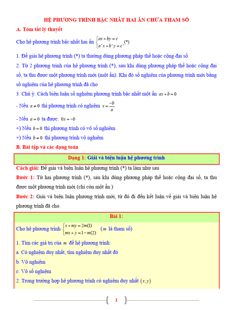 Tai Lieu Toan 9 Chu de He Phuong Trinh Bac Nhat Hai An Chua Tham So | PDF