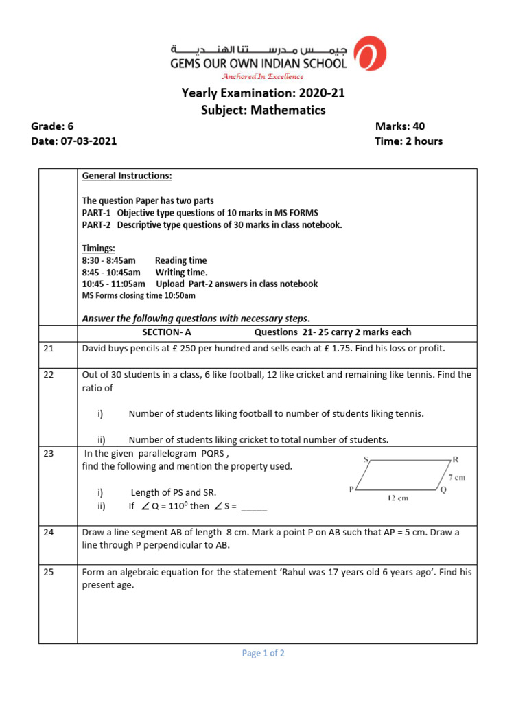 Grade 6 Math Exam 2020-21 | PDF | Mathematics