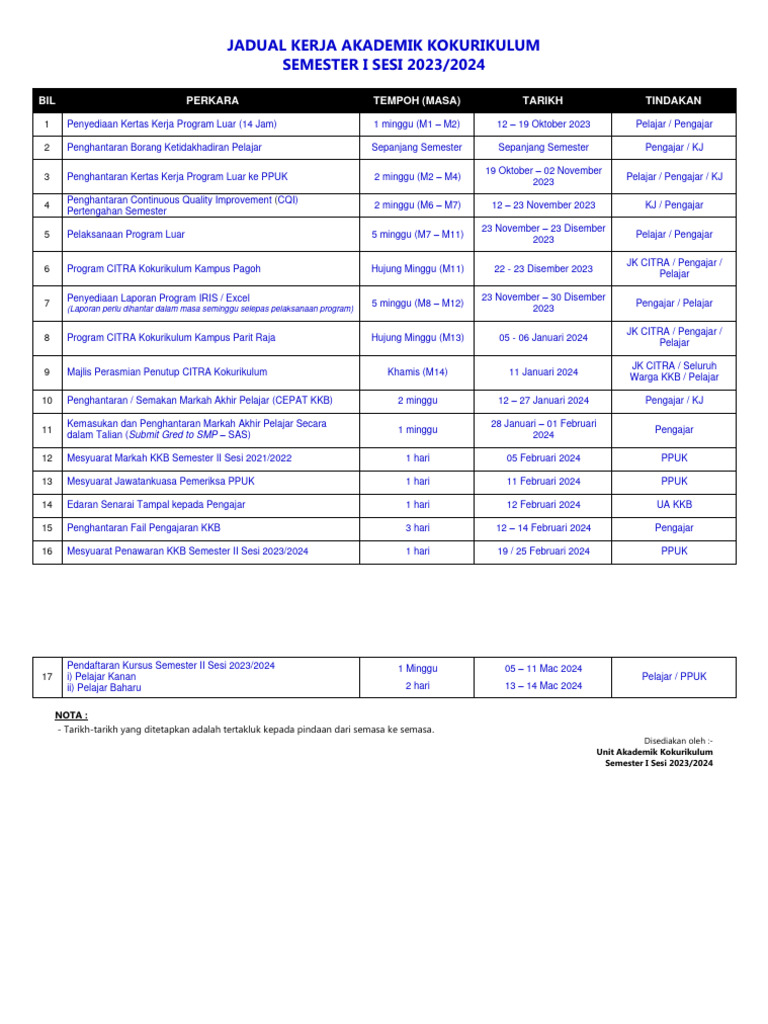 Jadual Akademik Kokurikulum 2023/2024 | PDF