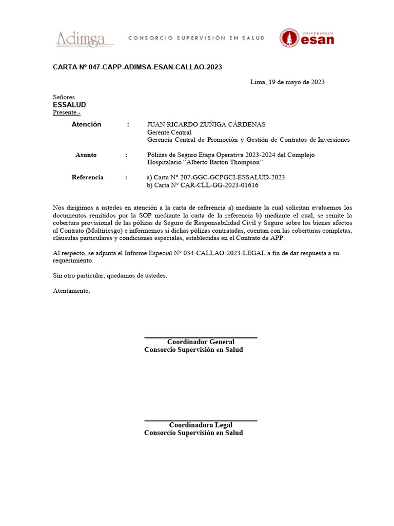 CARTA #047-CAPP-ADIMSA-ESAN-CALLAO-2023 Pólizas de Seguro Etapa ...