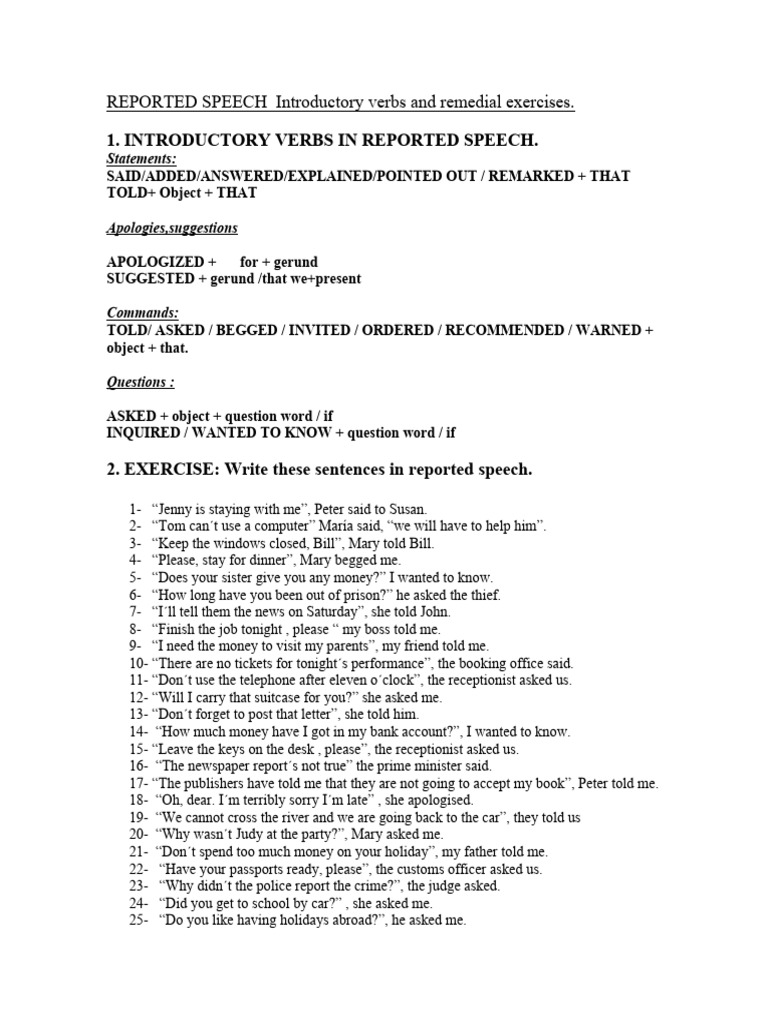 REPORTED SPEECH - Remedial With Key | PDF