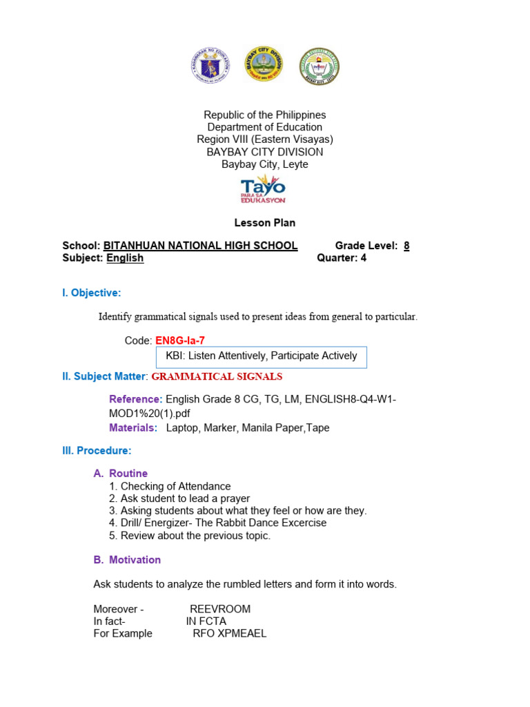 Lesson Plan Grammatical Signals Revised | PDF | Word | Sentence ...