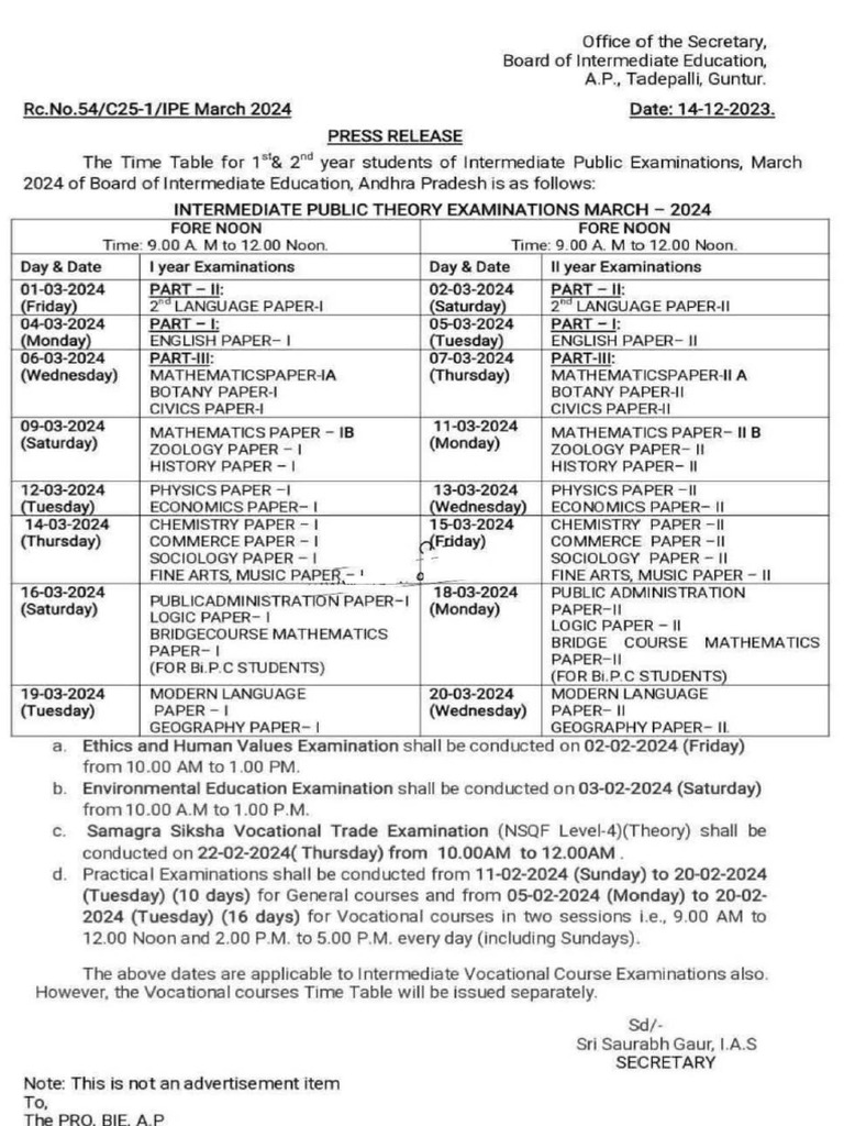 AP Inter Examinations Time Table 2024 | PDF
