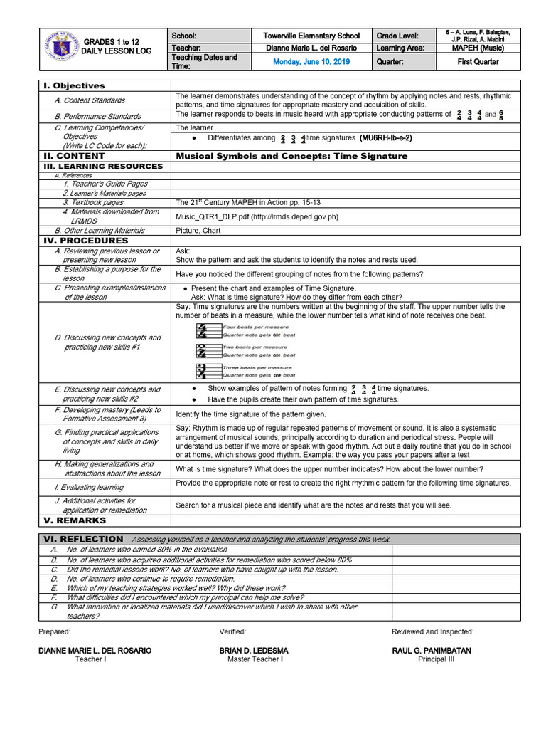 Grade 6 DLL - Q1 - W2 (MAPEH) | PDF | Learning | Rhythm