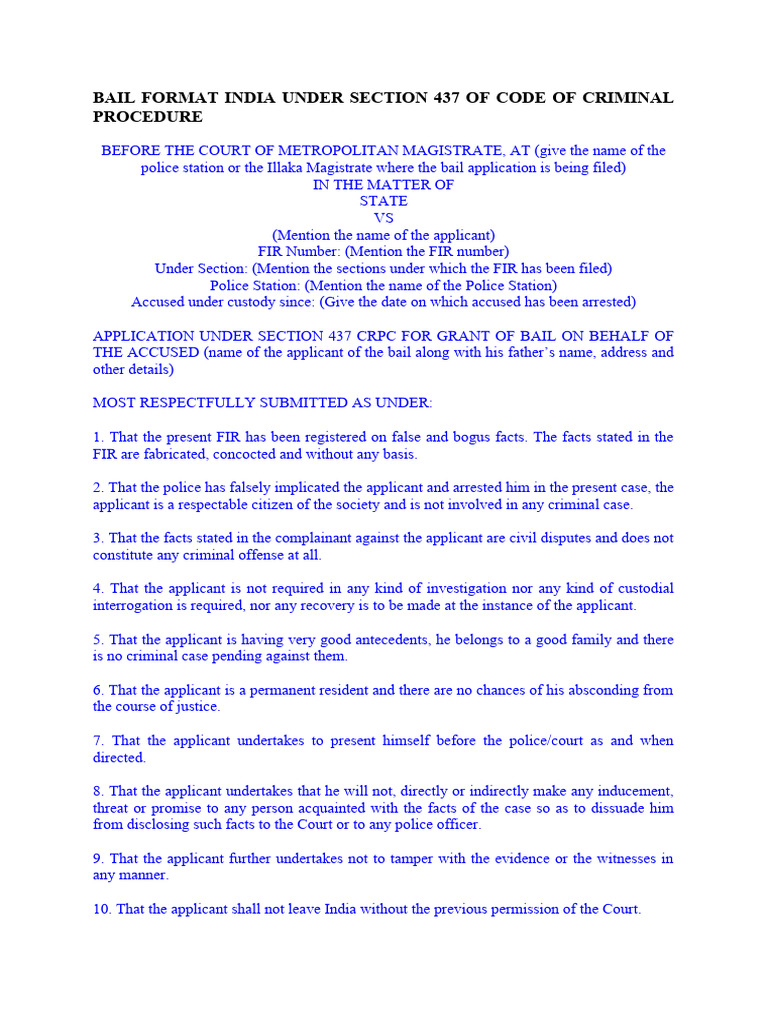 Bail Application Format under Section 437 | PDF | Bail | Criminal Procedure In South Africa