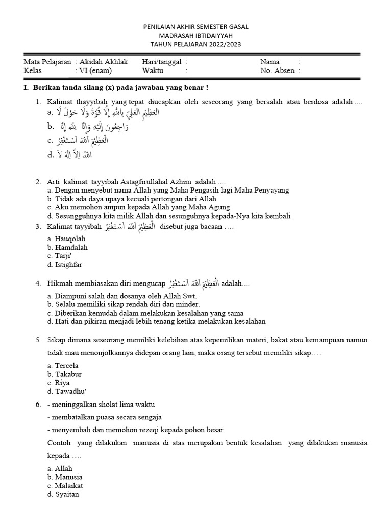 Soal Akidah Akhlak Kelas 6 | PDF