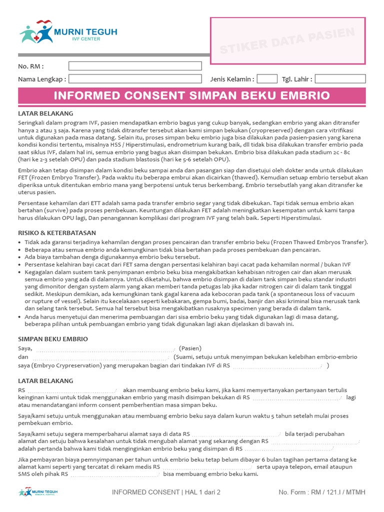 Informed Consent Simpan Beku Embrio | PDF