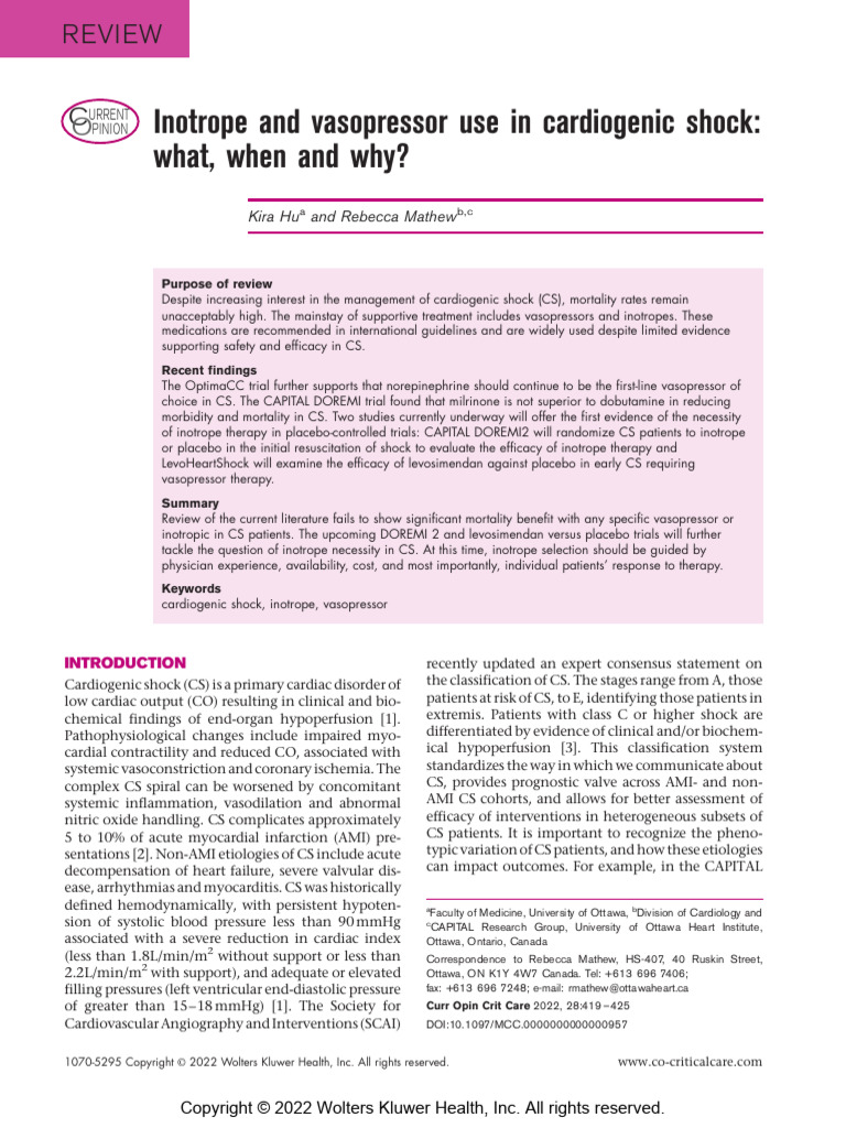 Hu Kira Inotrope and Vasopressor Use in Cardiogenic | PDF | Shock (Circulatory) | Myocardial ...