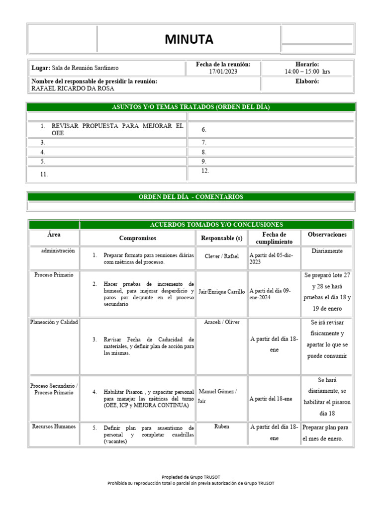 MINUTA Junta Diaria 17-01-2024 | PDF
