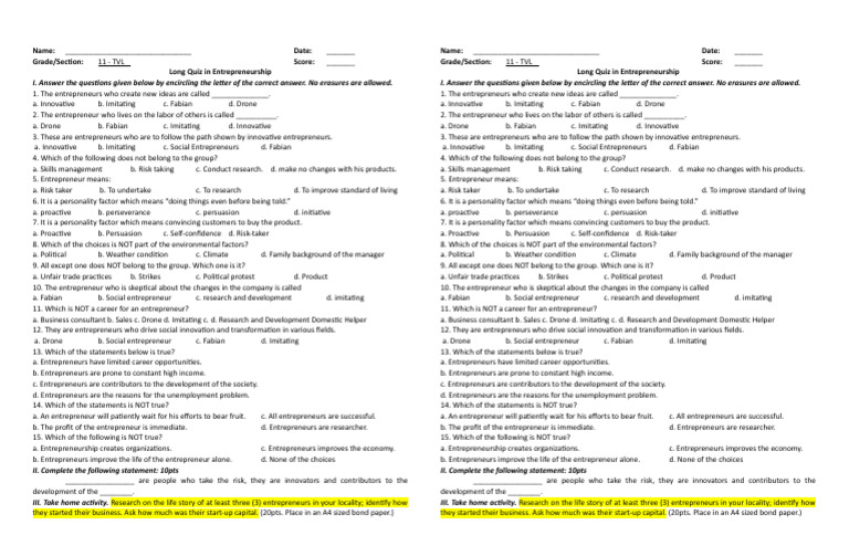 Long Quiz in Entrepreneurship | PDF | Entrepreneurship | Social ...