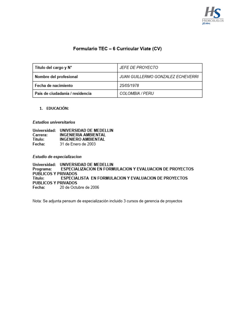1.formulario Tec 6 CV - Jefe Proyectodocx | PDF | Business