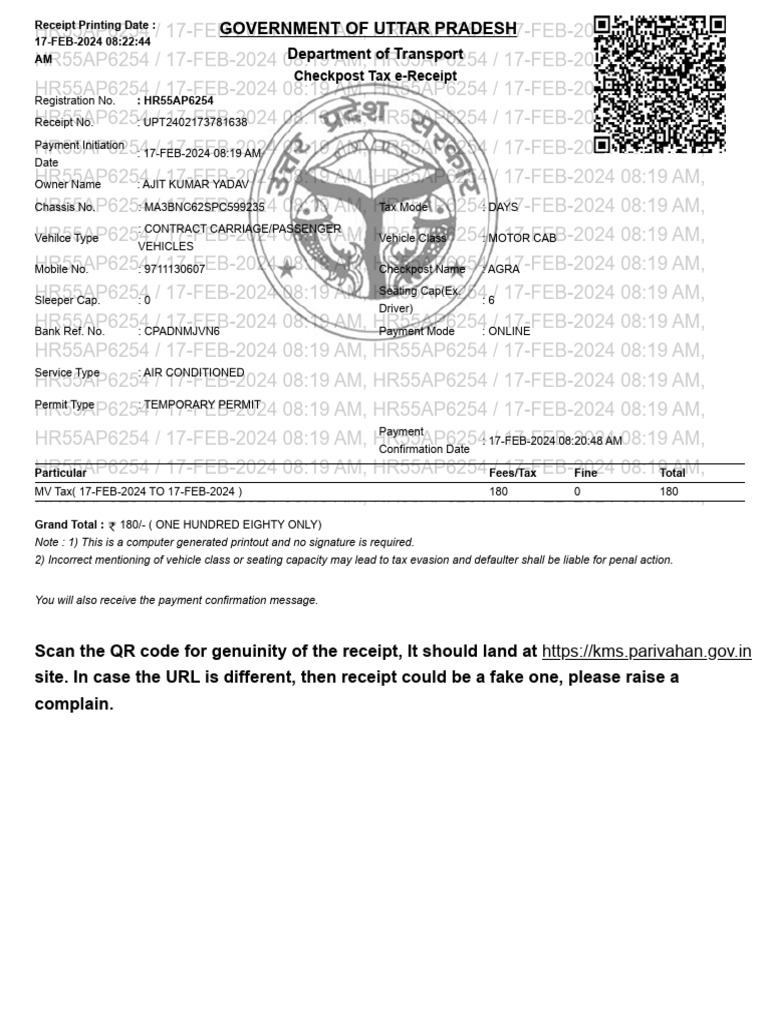 UP Checkpost Tax e-Receipt HR55AP6254 | PDF | Land Transport | Vehicles