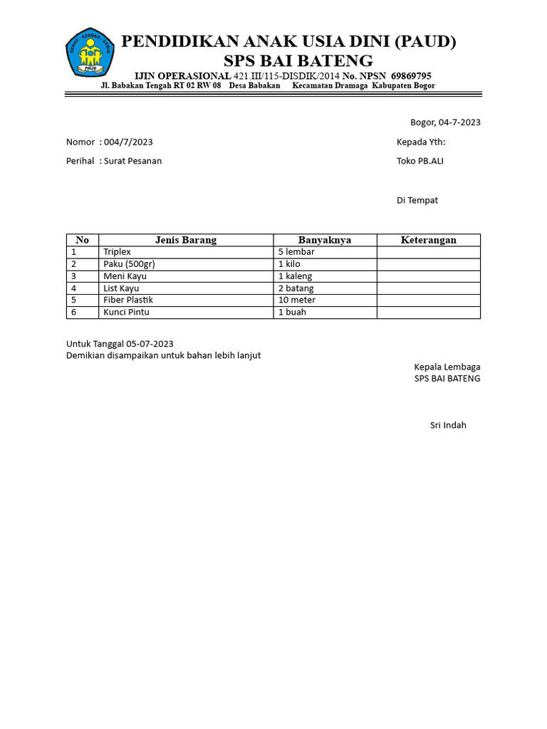 Surat Pesanan LPJ Paud | PDF