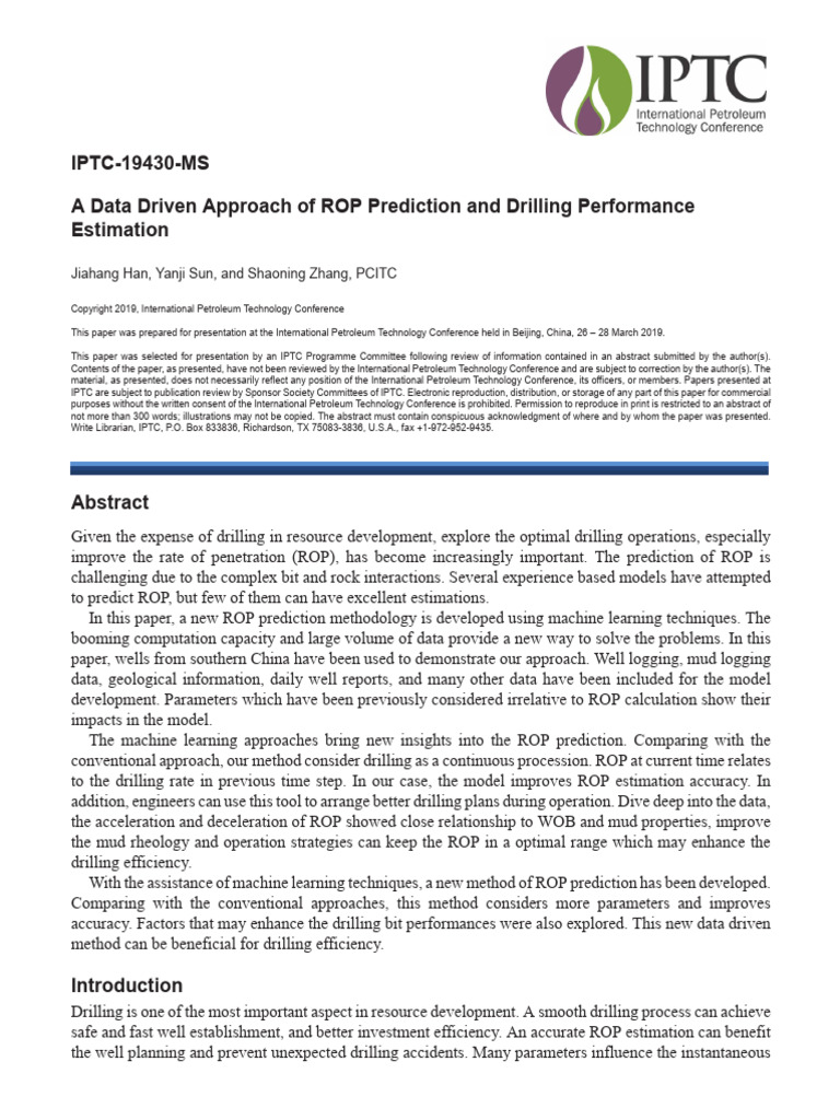 A Data Driven Approach of ROP Prediction and Drilling Performance | PDF ...