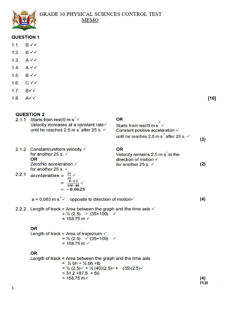 Grade 10 Physical Sciences Control Test Memo | PDF Grade 10 Physical Sciences Control Test Memo | PDF