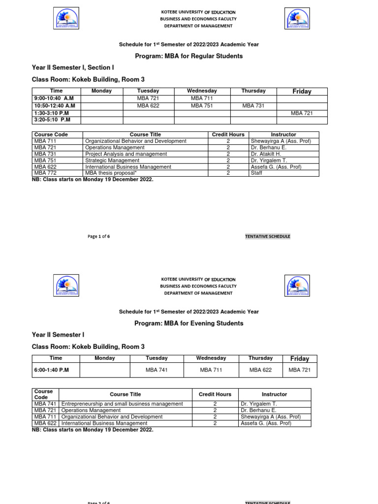 MBA 2022/2023 Semester Schedule | PDF | Master Of Business ...
