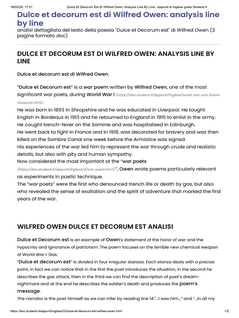 Dulce Et Decorum Est Di Wilfred Owen - Analysis Line by Line - Appunti ...