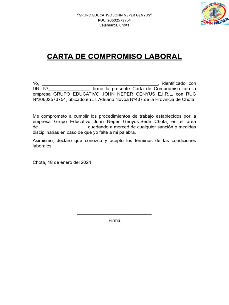 Carta de Compromiso Laboral | PDF